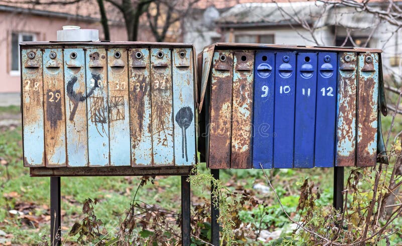 Group of Old Metal Mail Boxes. Stock Photo - Image of mail, outdoors ...