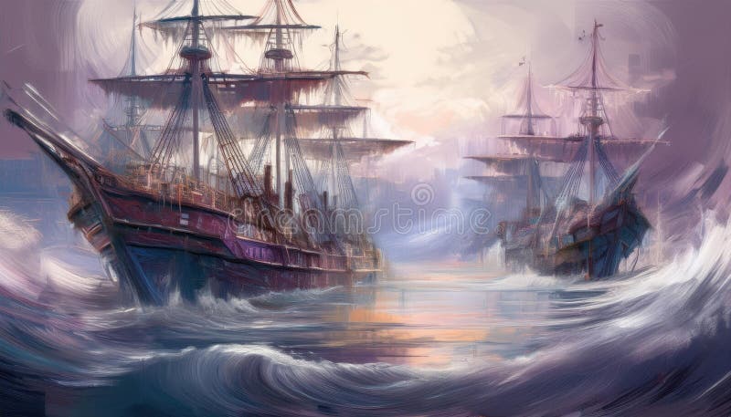 A Group of Old Ships Sailing through Rough Waters in a Mysterious ...