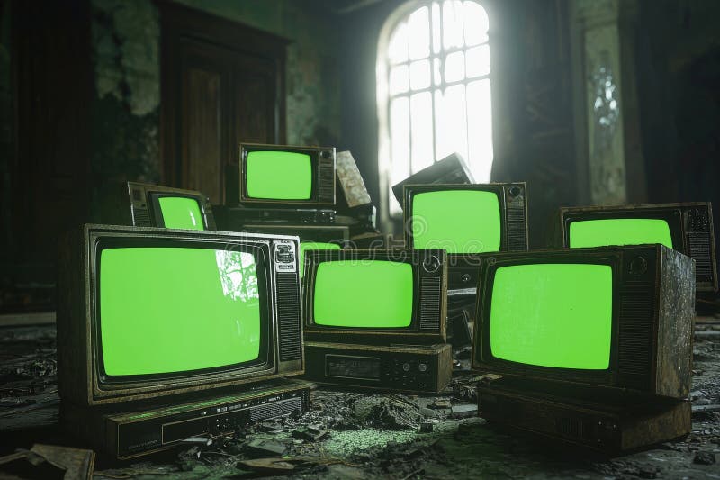 A Group of Old TV Sets Featuring Green Screen Backdrops. Stock Photo ...