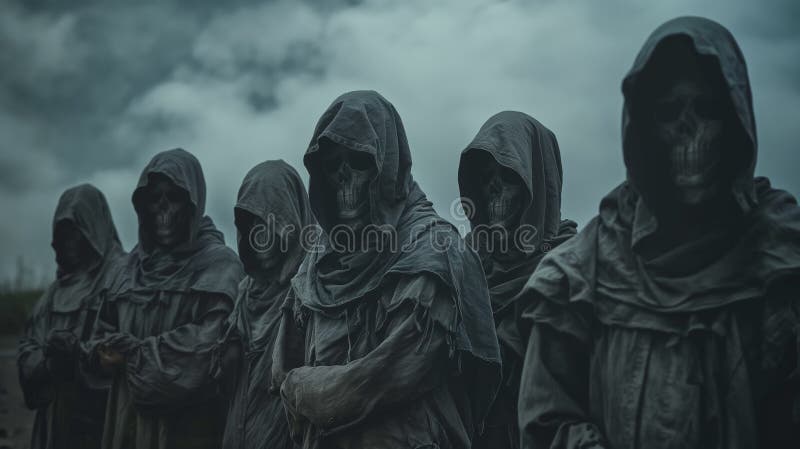 Group of Ominous Figures Clad in Hooded Cloaks Stand Under a Dark ...