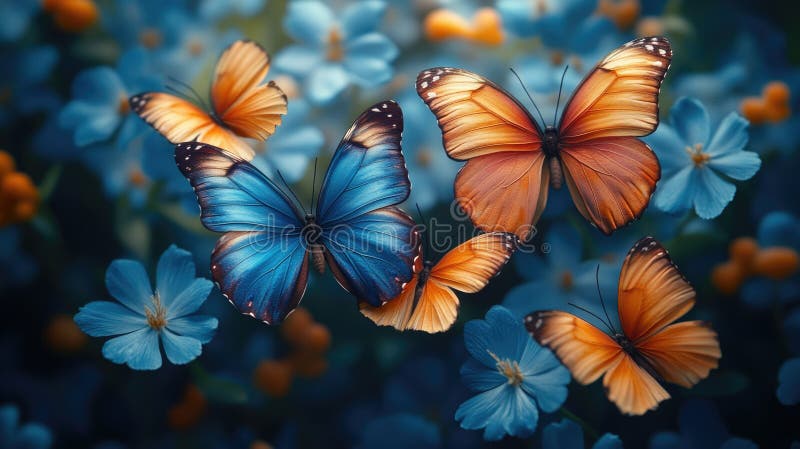 A Group of Orange and Blue Butterflies Fluttering in a Green Field ...
