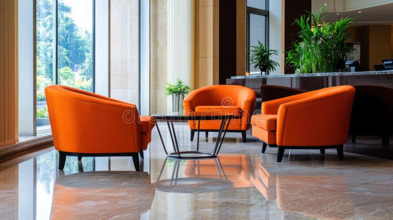 A Group of Orange Chairs Sitting in a Lobby Area, AI Stock Photo ...