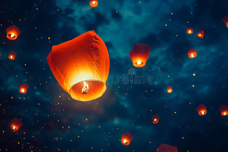 A Group of Orange Lanterns Floating in the Sky at Night Stock Photo ...