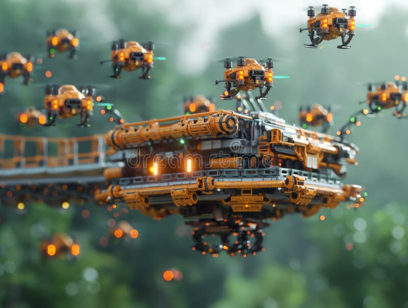A Group of Orange Robots Flying in the Sky Stock Image - Image of ...