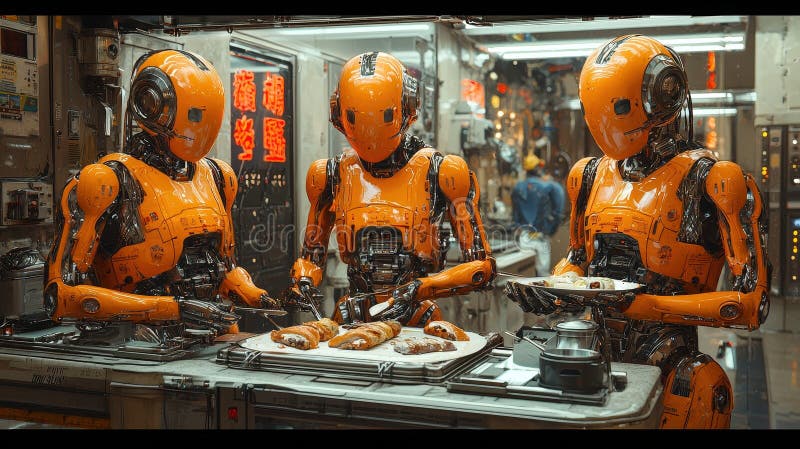 Group of Orange Robots Preparing Food in a Sci-fi Kitchen Stock Image ...