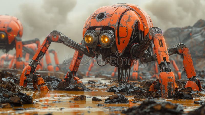 Group of Orange Robots Walking Across Muddy Field Stock Image - Image ...