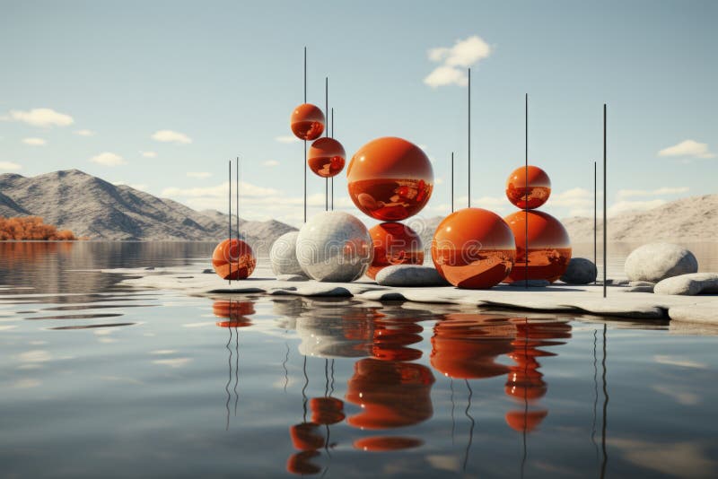 A Group of Orange Spheres Floating on Top of a Body of Water ...