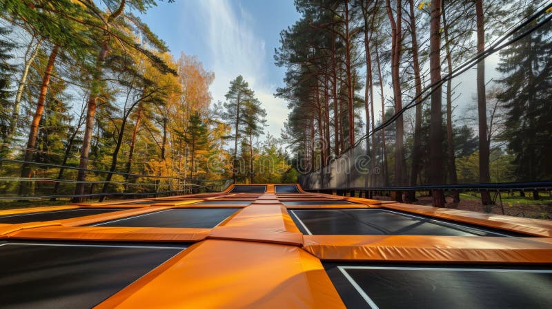 A Group of Orange Trampolines are Set Up in a Forest Stock Image ...