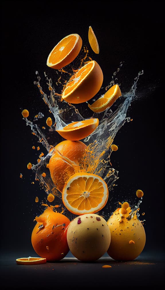 Group of Oranges Fruit Creatively Falling-Dripping Flying or Splashing ...