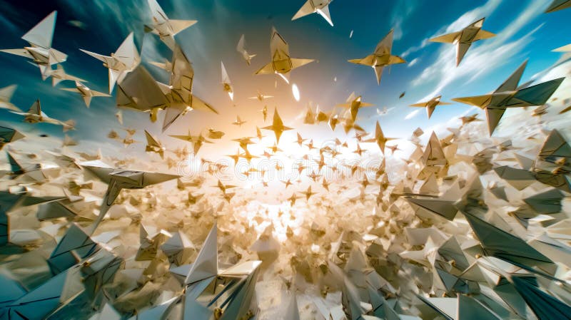 Group of Origami Birds Flying in the Sky with the Sun in the Background ...