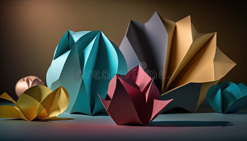 A Group of Origami Flowers Sitting on Top of a Table Stock Illustration - Illustration of colors ...