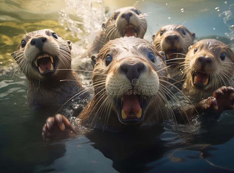 A Group of Otters Look at the Camera in a Friendly Way Stock Image ...