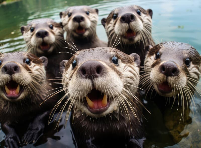 A Group of Otters Look at the Camera in a Friendly Way Stock ...