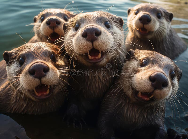 A Group of Otters Look at the Camera in a Friendly Way Stock ...