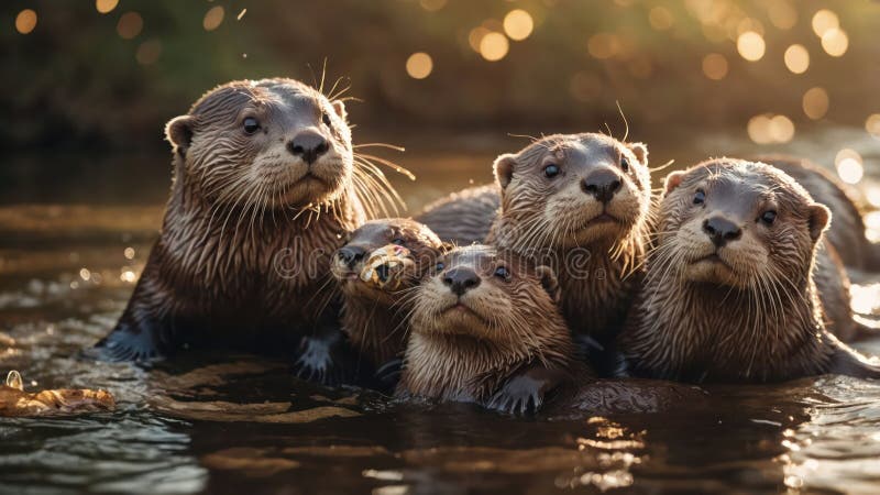 Charming Otter Family Playing in Golden Sunset Water Stock Illustration ...