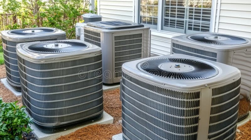 A Group of Outdoor Air Conditioner Units Installed on the Ground in the ...