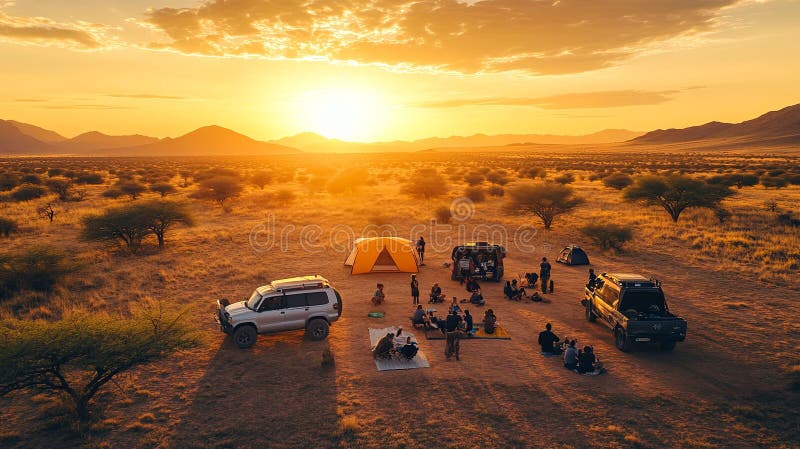 Group of Overlanders Camped in a Circle, Golden Hour, Social Vibe ...