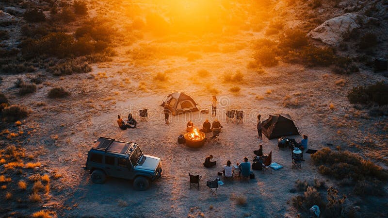Group of Overlanders Camped in a Circle, Golden Hour, Social Vibe ...