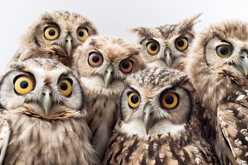 Group of Owls Isolated on a White Background. Shallow Depth of Field ...