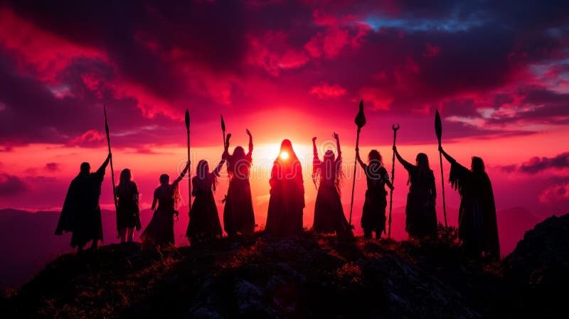 Group of Pagans Stands on Hilltop Illuminated Dawn Light. they Hold ...