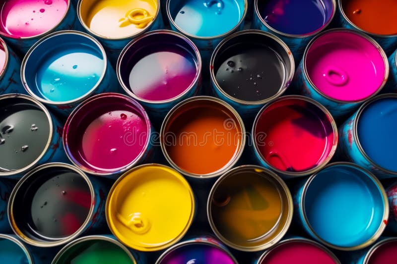 Group of Paint Cans with Different Colors of Paint in Them on Table ...