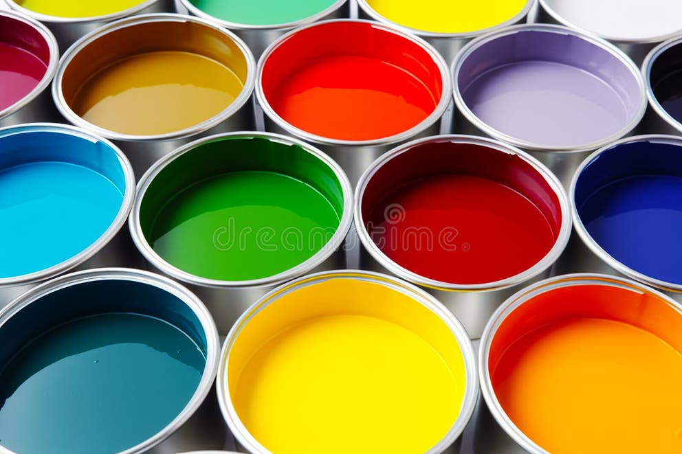 Group of Paint Cans with Different Colors of Paint in Them on Table ...