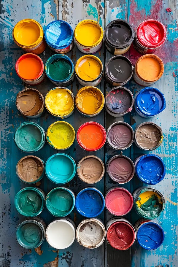 Group of Paint Cans on Wooden Table. Generative AI Stock Image - Image ...