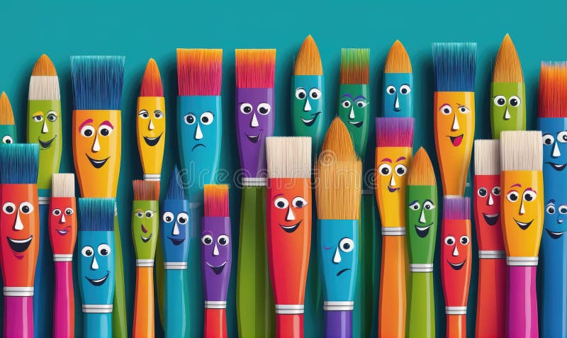 A Group of Paintbrushes with Funny Faces Stand in a Row Against a Blue ...