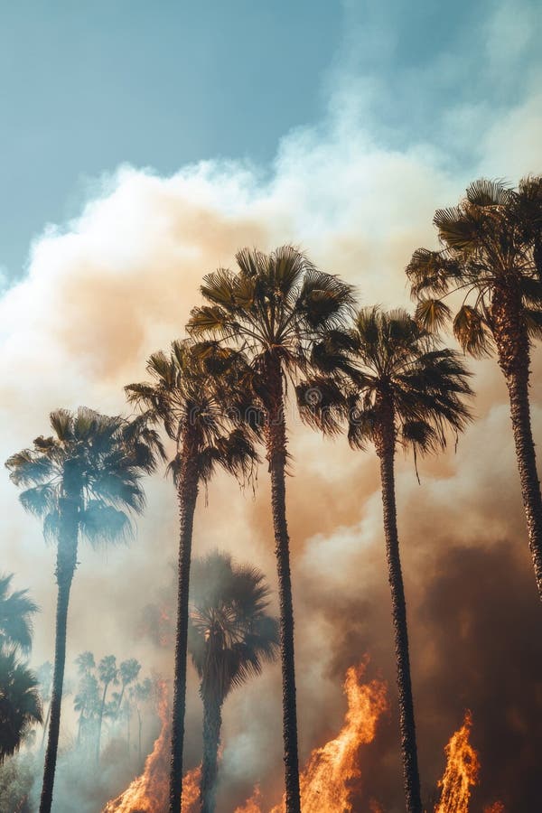 A Group of Palm Trees Engulfed in Flames, with Smoke Billowing into the ...