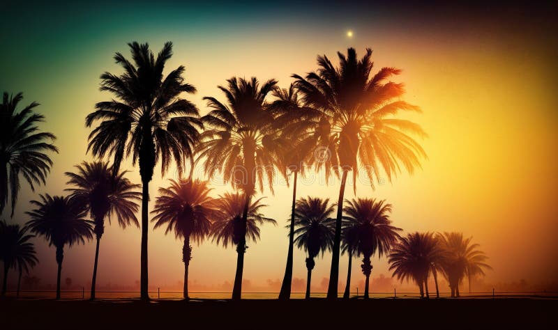 A Group of Palm Trees in Front of a Sunset Sky Stock Illustration ...