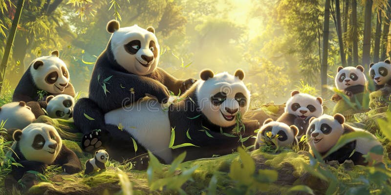 A Group of Pandas are Playing in a Forest. Scene is Lighthearted and ...