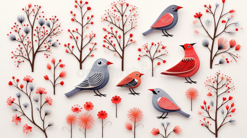 A Group of Paper Cut Birds and Trees on a White Background Stock ...
