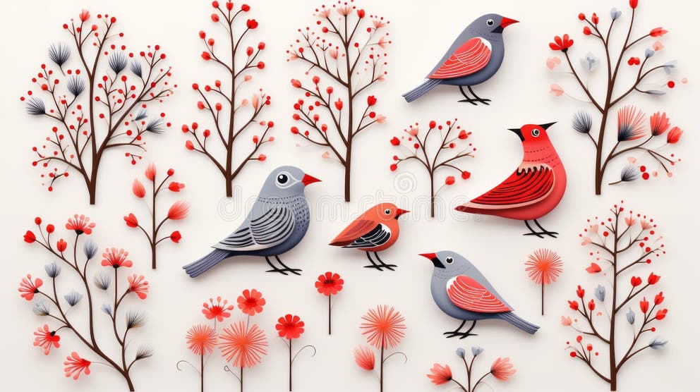 A Group of Paper Cut Birds and Trees on a White Background Stock ...