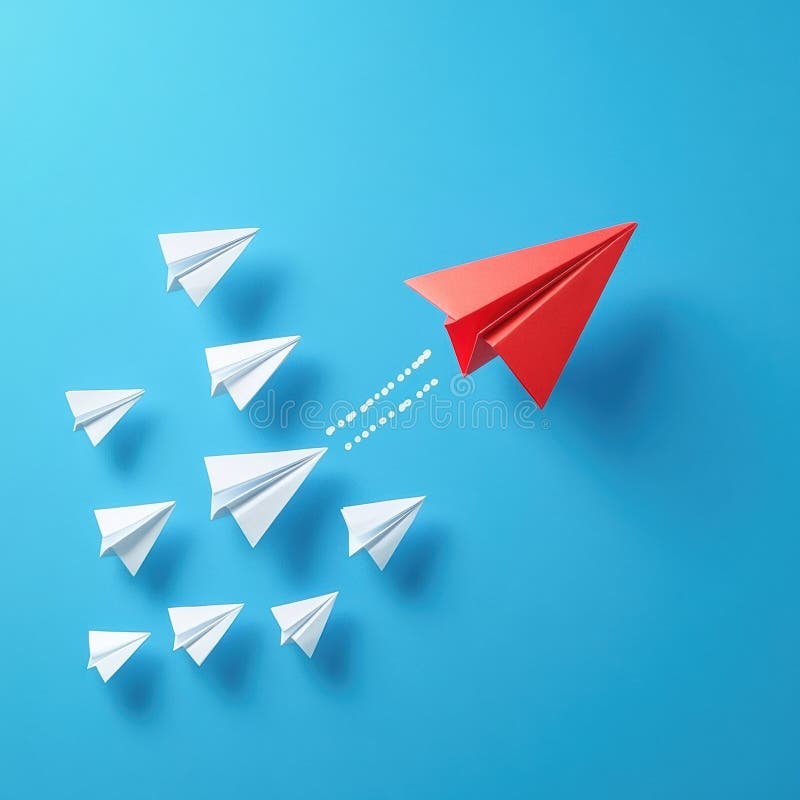 Group of Paper Planes Flying Together with One Red Plane Pointing in a ...