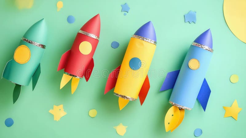 A Group of Paper Rockets Sit on a Green Surface, Ready for Launch or ...