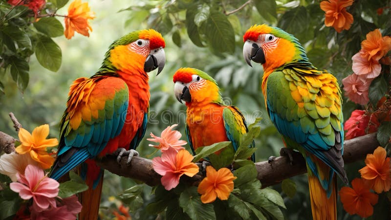 A Group of Parrots in a Forest Stock Illustration - Illustration of ...