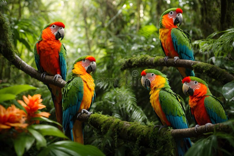A Group of Colorful Parrots in a Jungle Stock Photo - Image of exotic ...