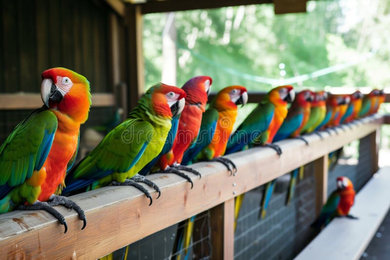 Group of Parrots Sitting on a Wooden Rail Inside a Zoo Exhibit Stock ...