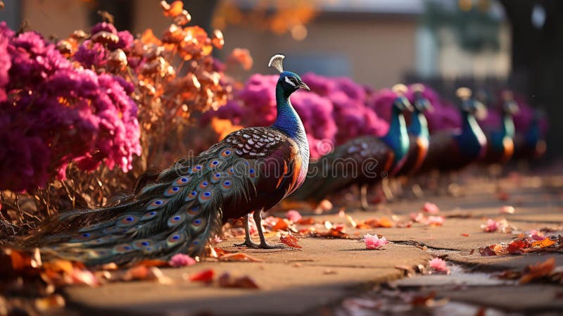 A Group Peacock Playing in Autumn Leaves Fallen Path Park Stock Image ...