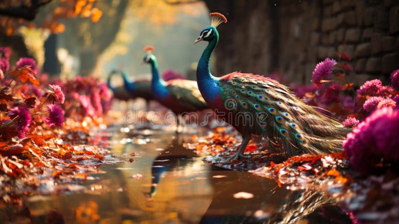 A Group Peacock Playing in Autumn Leaves Fallen Path Park Stock Image ...