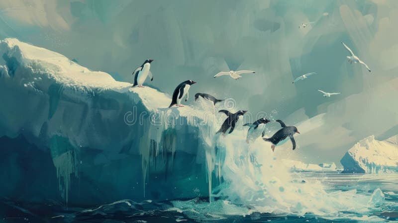 Group of Penguins and Birds Flying Over Iceberg Stock Image - Image of ...