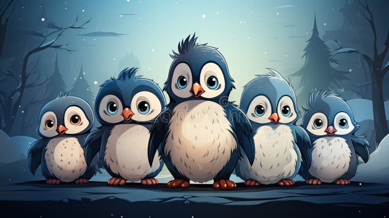 Group of Penguins in the Forest Illustration. Cartoon Penguin Stock ...