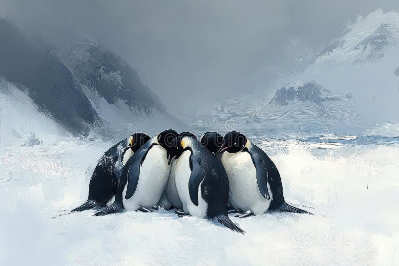 Group of Penguins Huddled Together in Snowy Landscape Stock ...