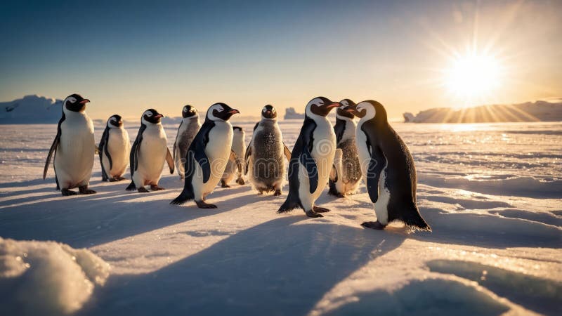 Majestic Emperor Penguins at Sunset in Antarctica Stock Illustration ...
