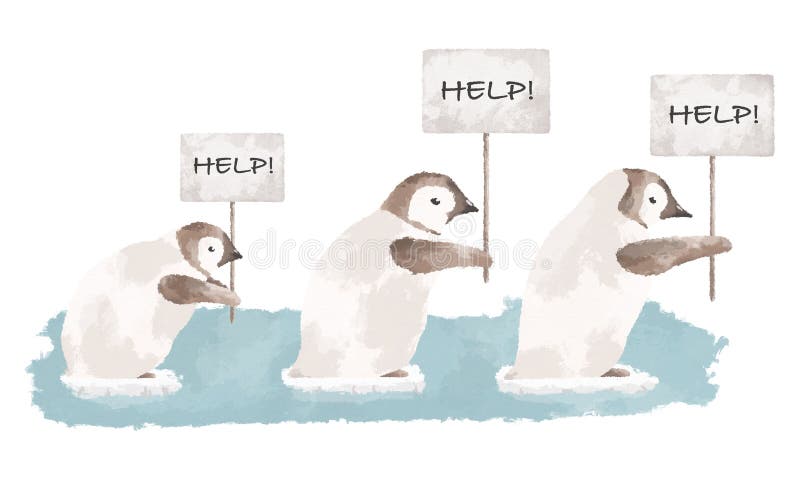 Group of Penguins on a Melting Iceberg with Help Sign Stock ...