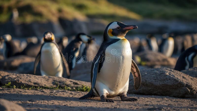 A Group of Penguins on Rocky Terrain, Showcasing Their Natural Habitat ...
