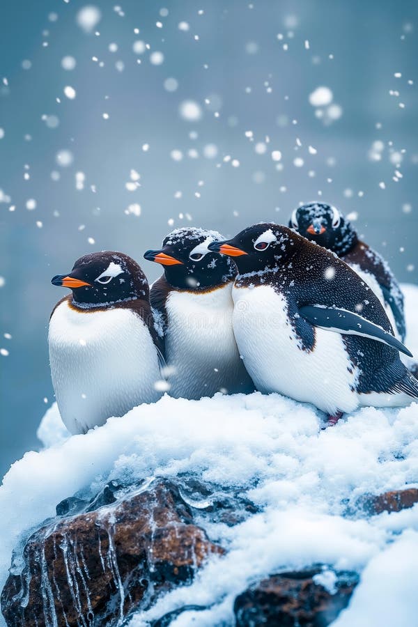 A Group of Penguins Sitting on Top of a Rock Covered in Snow Stock ...