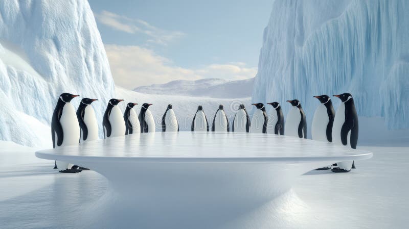 A Group of Penguins Standing Around a Table in Front of an Ice ...