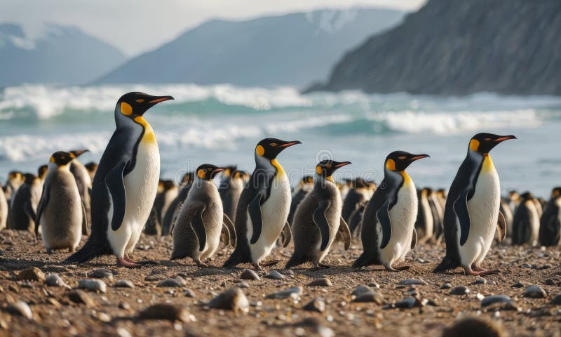 Group Penguins Standing on the Beach Stock Illustration - Illustration ...