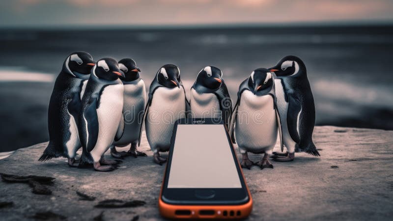 A Group of Penguins Standing Next To a Cell Phone. Generative AI Image ...